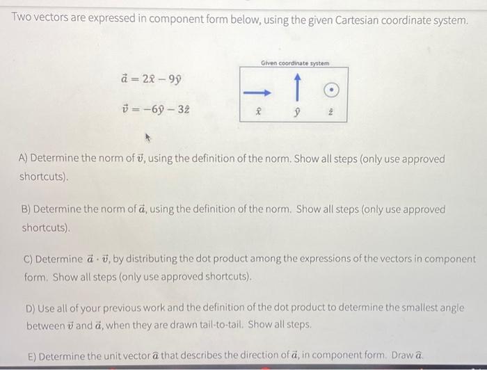 Solved Two vectors are expressed in component form below, | Chegg.com