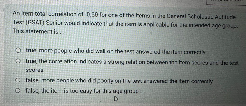 Solved An item-total correlation of -0.60 ﻿for one of the | Chegg.com