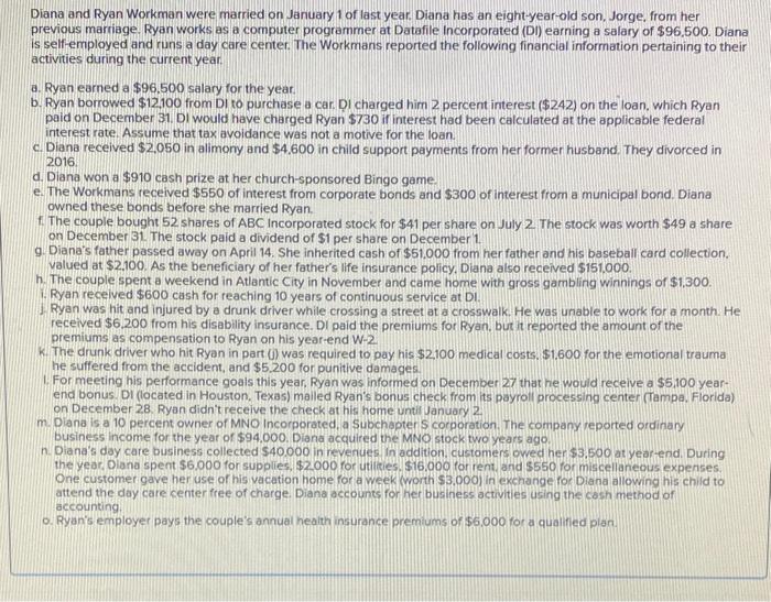 Diana and Ryan Workman were married on January 1 of | Chegg.com