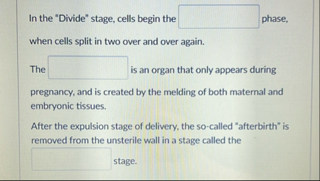 Solved In the "Divide" stage, cells begin the ﻿phase, when | Chegg.com