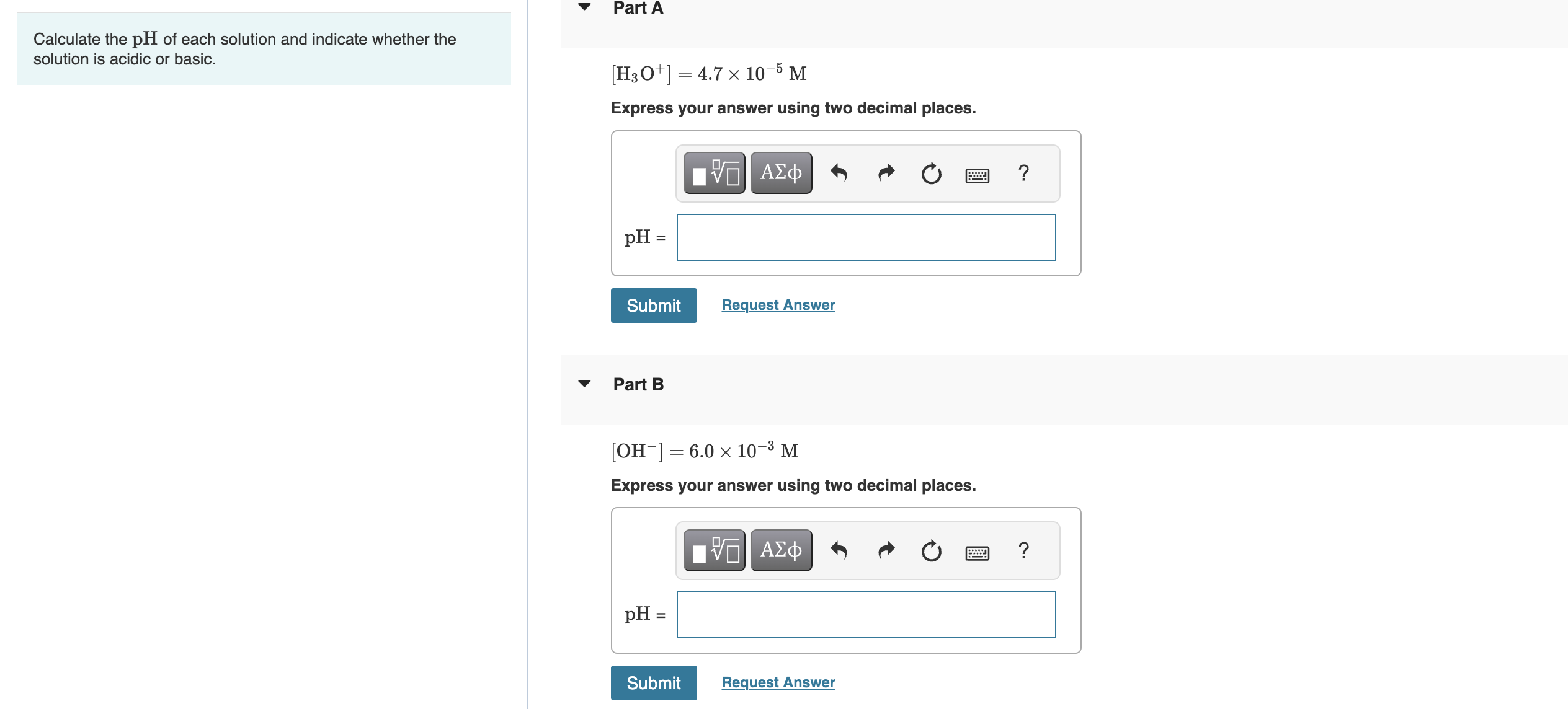 Calculate the pH ﻿of each solution and indicate | Chegg.com