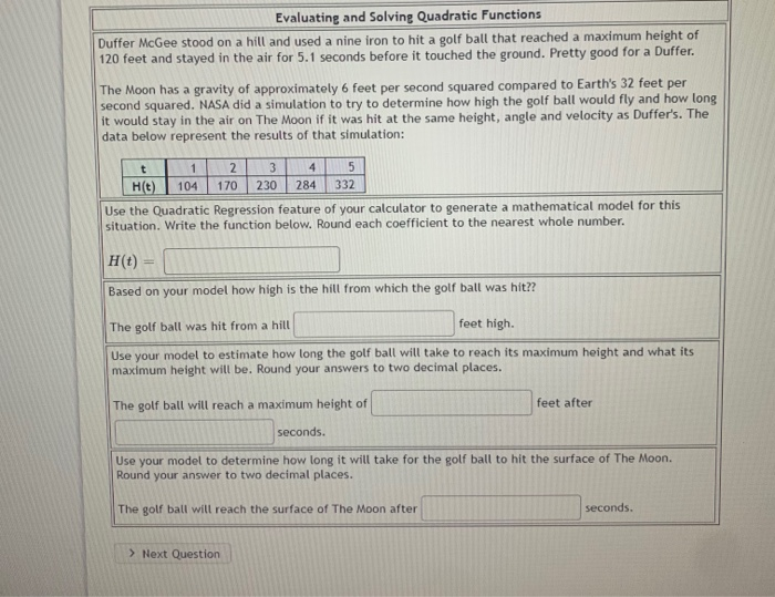 Solved Evaluating and Solving Quadratic Functions Duffer | Chegg.com