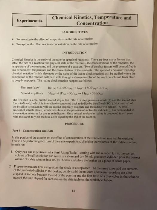 Experiment #4 Chemical Kinetics, Temperature and | Chegg.com