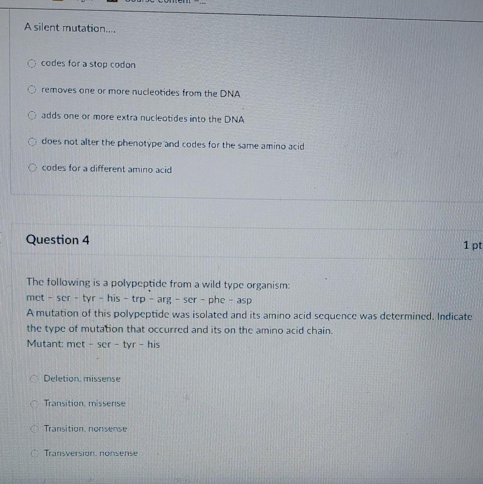 Solved A silent mutation.... codes for a stop codon o | Chegg.com