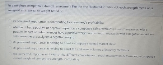 Solved In a weighted competitive strength assessment like | Chegg.com