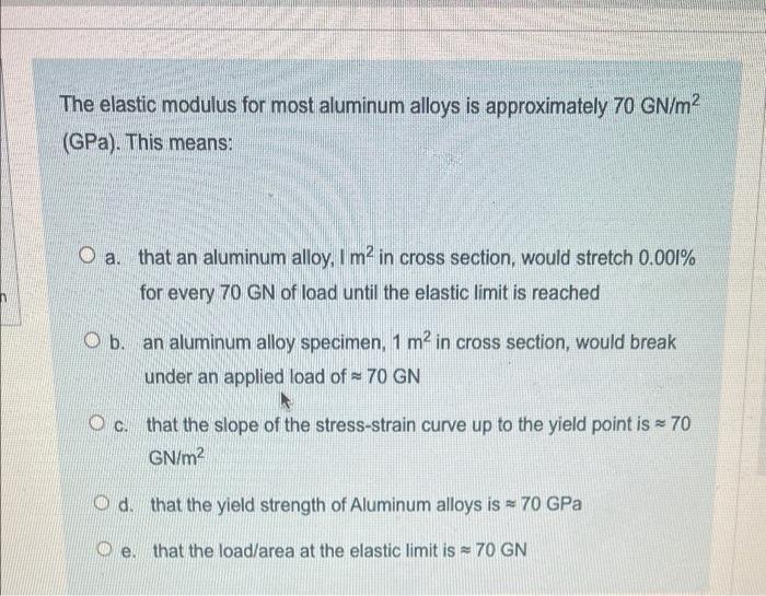 Solved The elastic modulus for most aluminum alloys is | Chegg.com