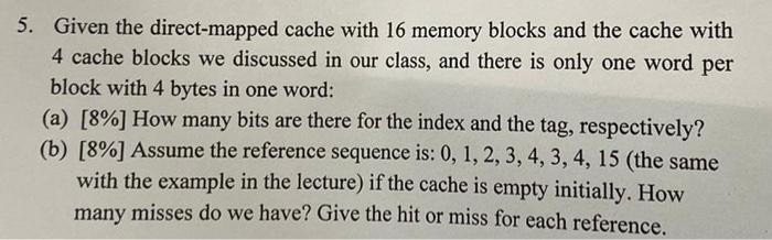 Solved 5. Given the direct-mapped cache with 16 memory | Chegg.com