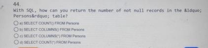 Solved With SQL, ﻿how can you return the number of not null | Chegg.com