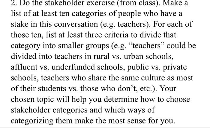 2. Do the stakeholder exercise (from class). Make a | Chegg.com