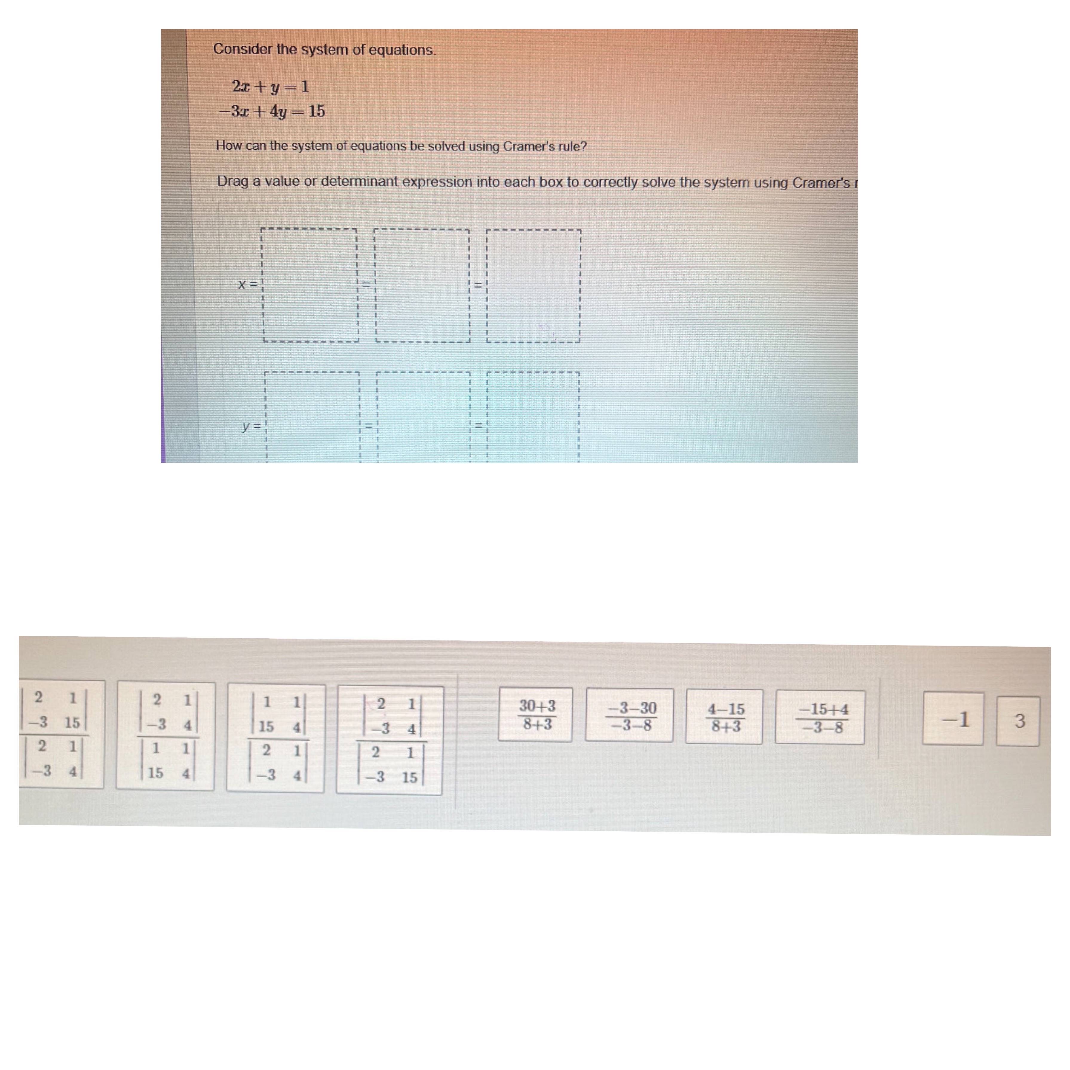 Solved Consider the system of equations.2x+y=1-3x+4y=15How | Chegg.com