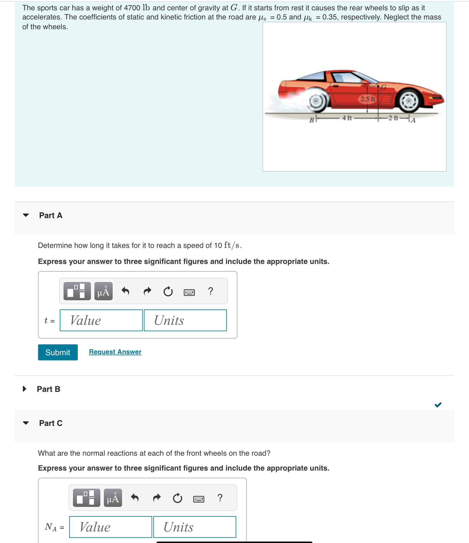 Solved The sports car has a weight of 4700lb and center of | Chegg.com