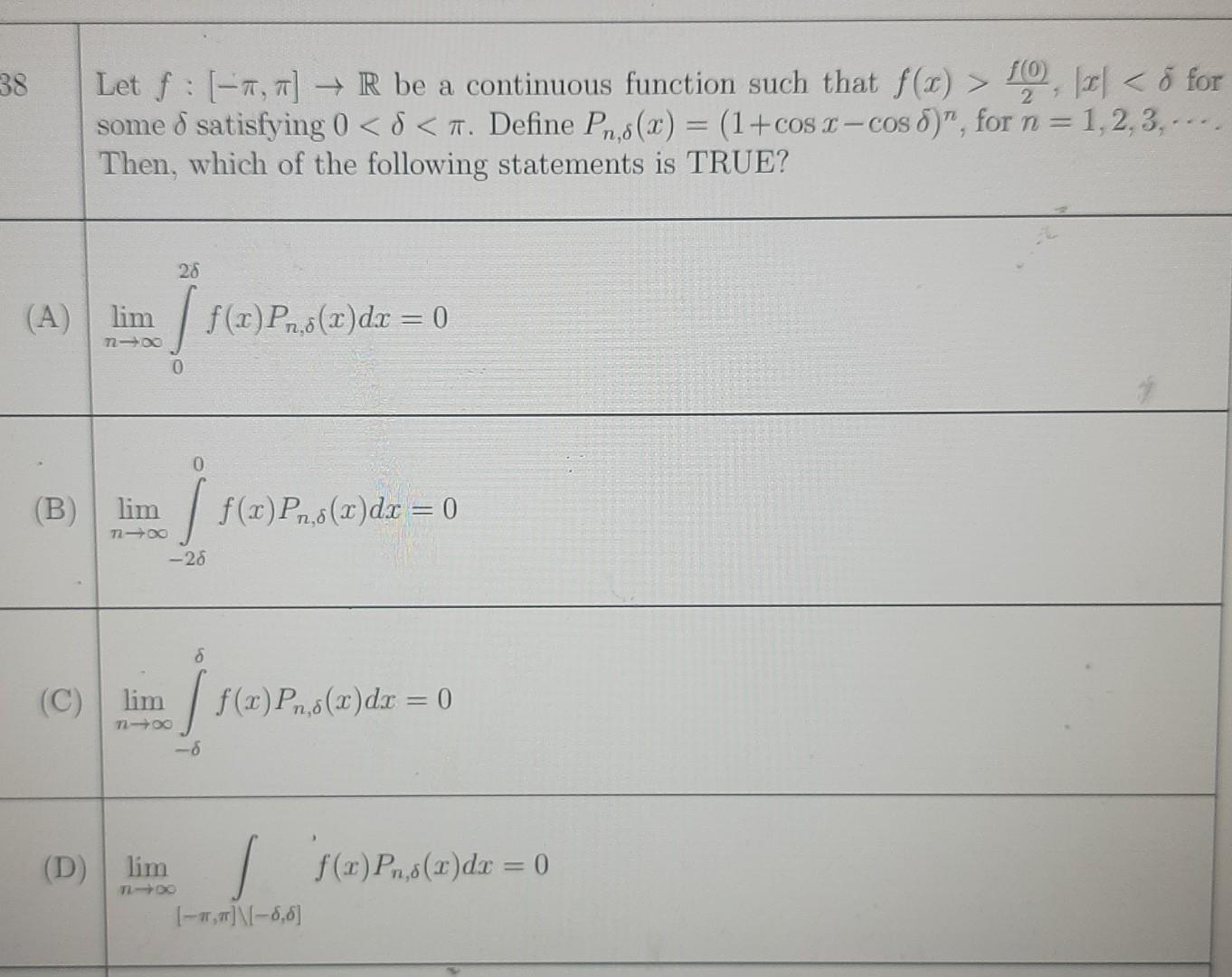 Solved Let f:[−π,π]→R be a continuous function such that | Chegg.com