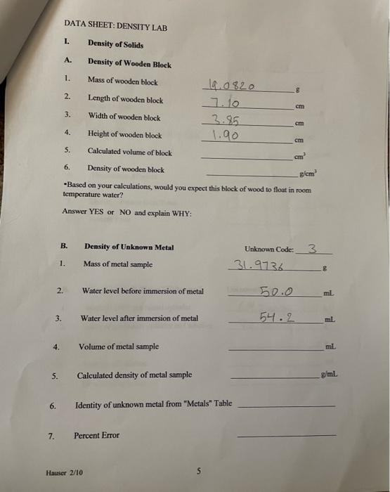 Solved DATA SHEET: DENSITY LAB I. Density of Solids A. | Chegg.com