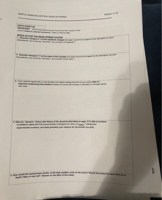 Solved SIMPLE HARMONIC MOTION MASS ON SPRING DATA SHEET #6 | Chegg.com
