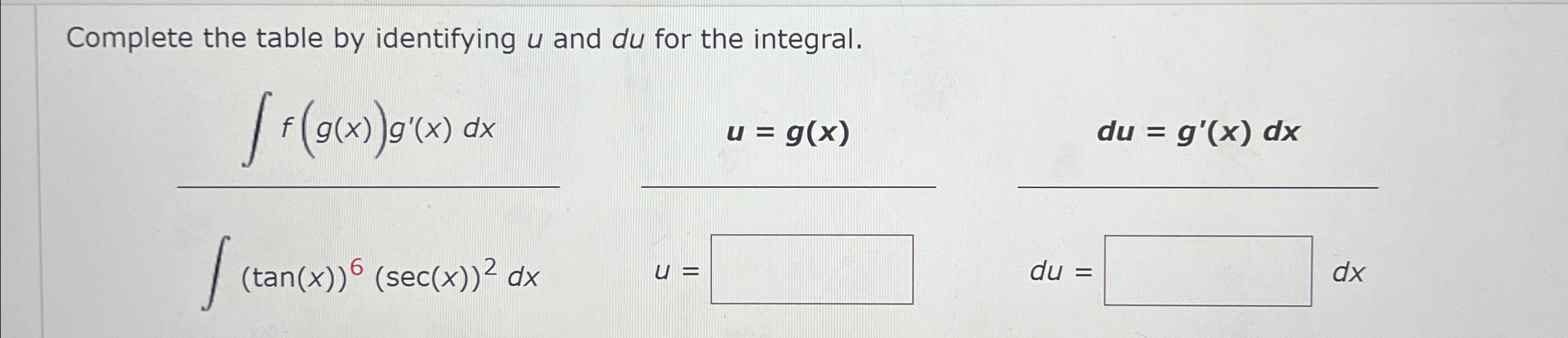 Solved Complete the table by identifying u ﻿and du ﻿for the | Chegg.com
