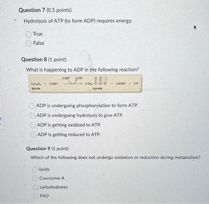 Solved Hydrolysis of ATP (to form ADP) requires energy. True | Chegg.com