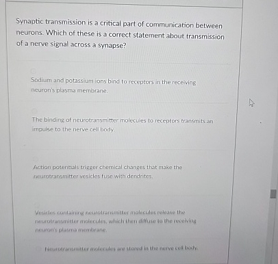 Solved Synaptic transmission is a critical part of | Chegg.com