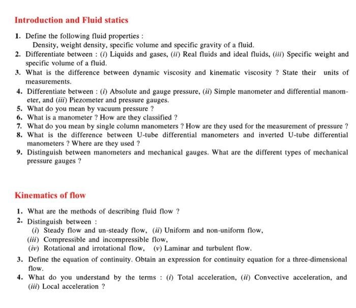 Solved Introduction and Fluid statics 1. Define the | Chegg.com