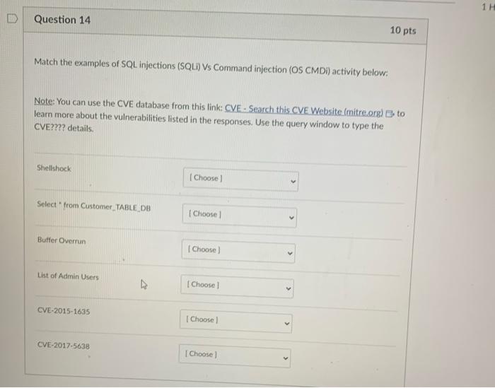 Solved Match the examples of SQL injections (SQLi) V5 | Chegg.com