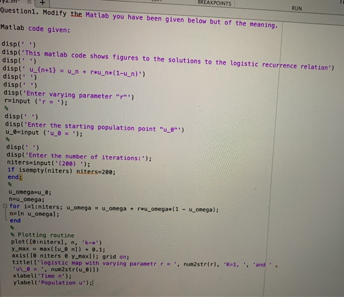 Solved Y2.11 X + BREAKPOINTS Questioni. Modify the Matlab | Chegg.com