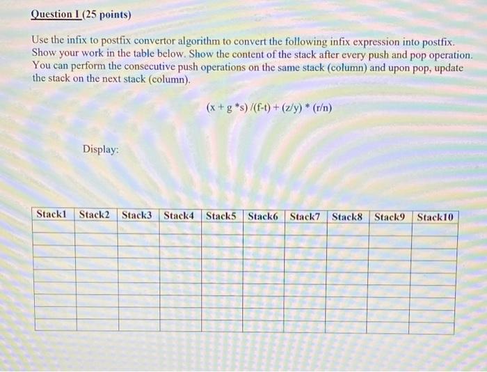 Solved Question 1 (25 points) Use the infix to postfix | Chegg.com