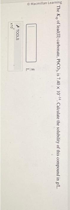 Solved The Ksp of lead(II) carbonate, PbCO3, is 7.40×10−14. | Chegg.com