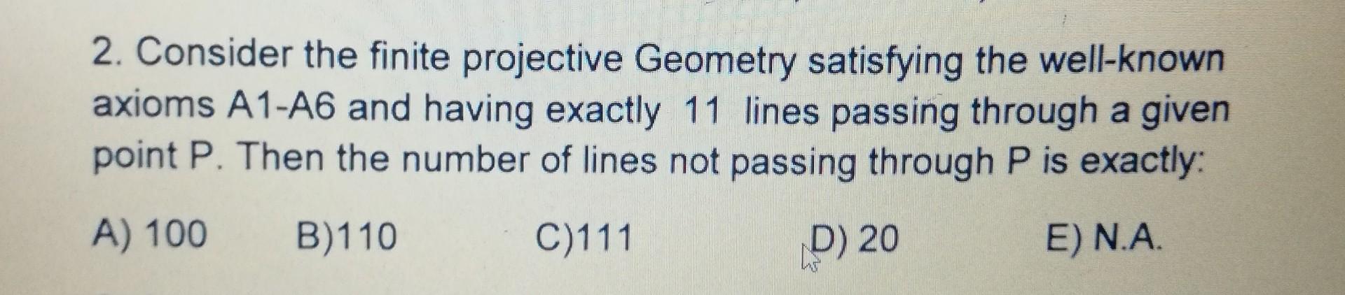 Solved 2. Consider the finite projective Geometry satisfying | Chegg.com