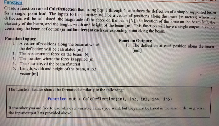 Function Create a function named CalcDeflection that, | Chegg.com