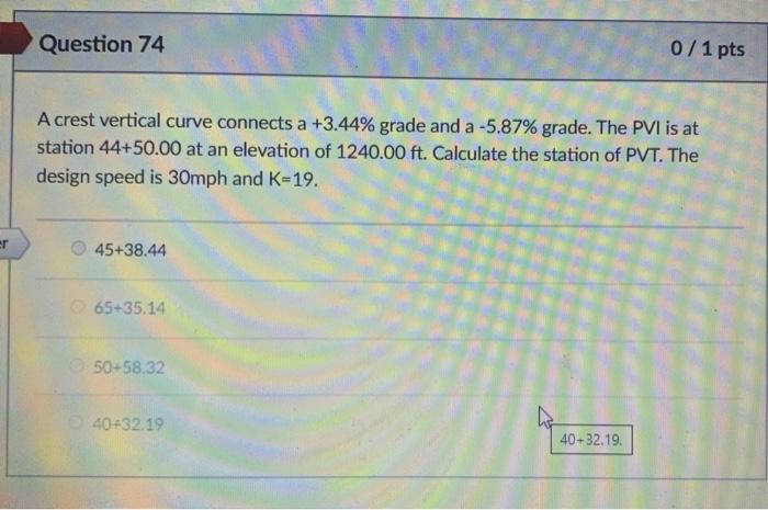 Solved Question 74 0/1 pts A crest vertical curve connects a | Chegg.com