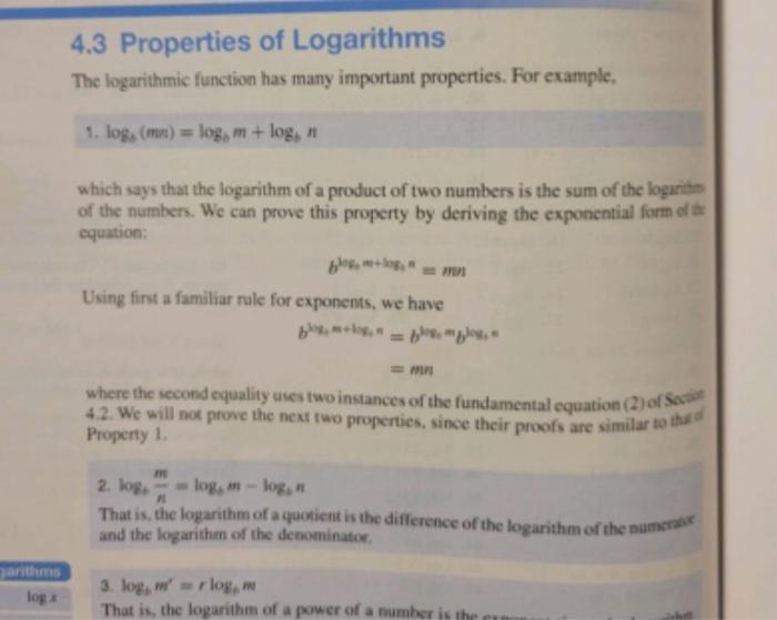 Solved 4.3 Properties of Logarithms The logarithmic function | Chegg.com