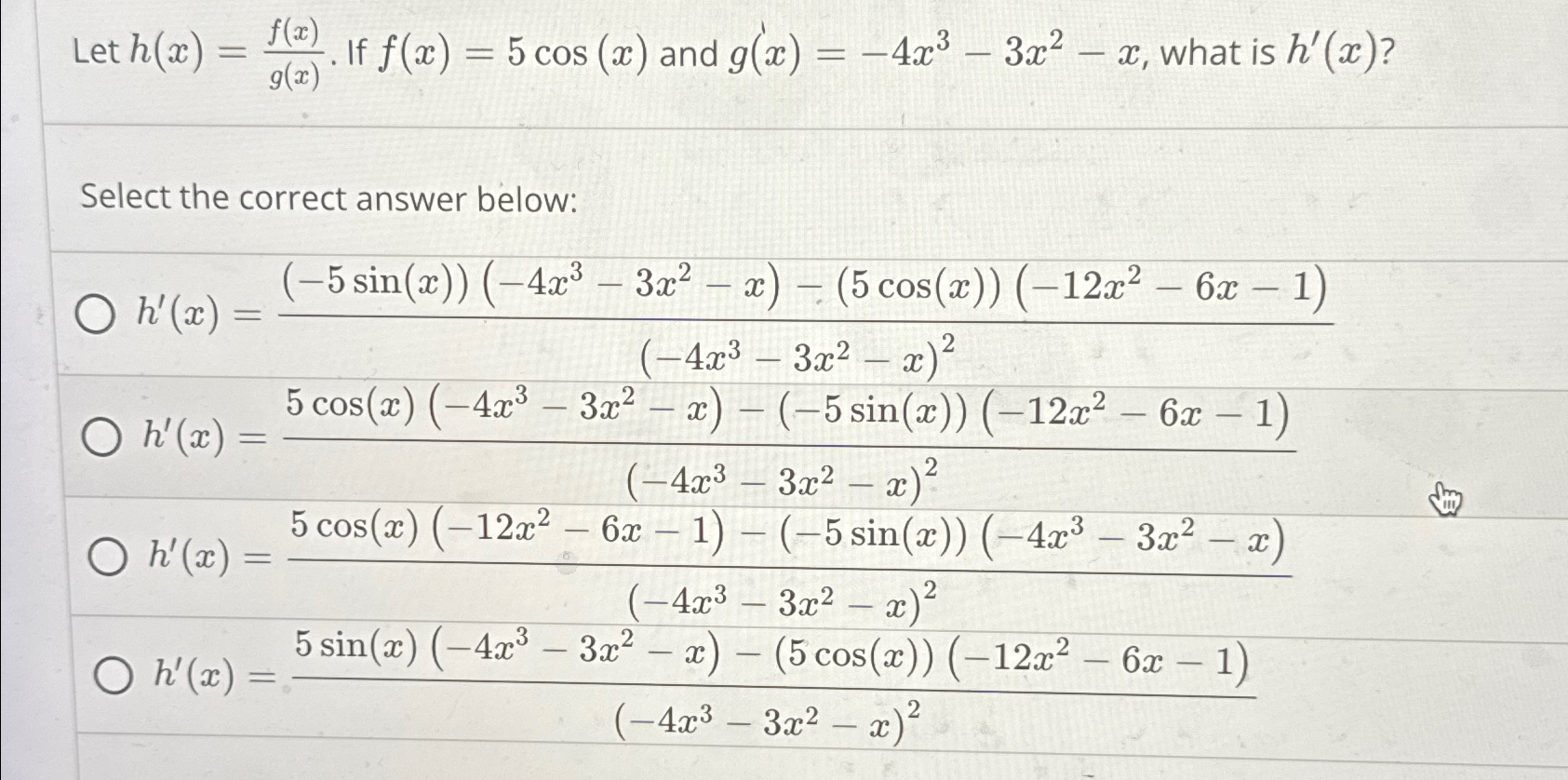 Solved Let h(x)=f(x)g(x). ﻿If f(x)=5cos(x) ﻿and | Chegg.com