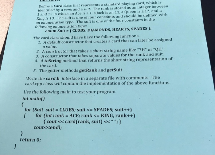 Solved Define a Card class that represents a standard | Chegg.com