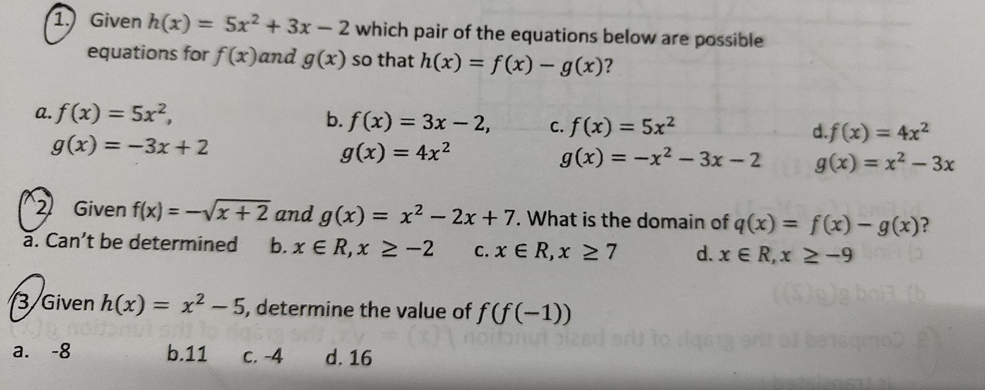 Solved 1. Given h(x)=5x2+3x−2 which pair of the equations | Chegg.com