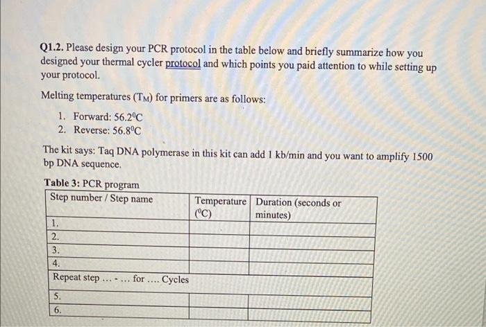 Solved Q1.2. Please design your PCR protocol in the table | Chegg.com