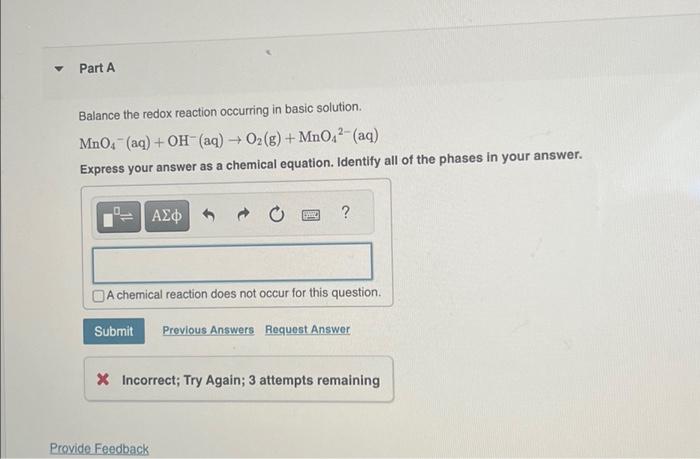 Solved Part A Balance the redox reaction occurring in basic | Chegg.com
