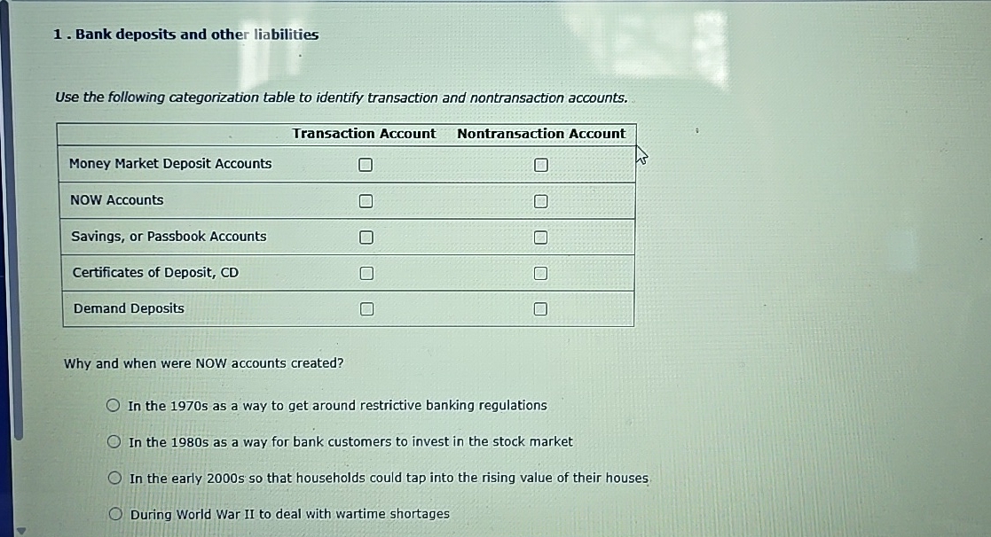 Solved Bank deposits and other liabilitiesUse the following | Chegg.com
