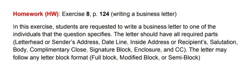 Solved Homework (HW): Exercise 8, p. 124 (writing a business | Chegg.com
