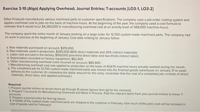 Solved Exercise 3-10 (Algo) Applying Overhead; Journal | Chegg.com