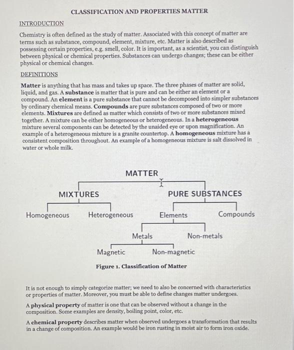 Solved CLASSIFICATION AND PROPERTIES MATTER INTRODUCTION | Chegg.com