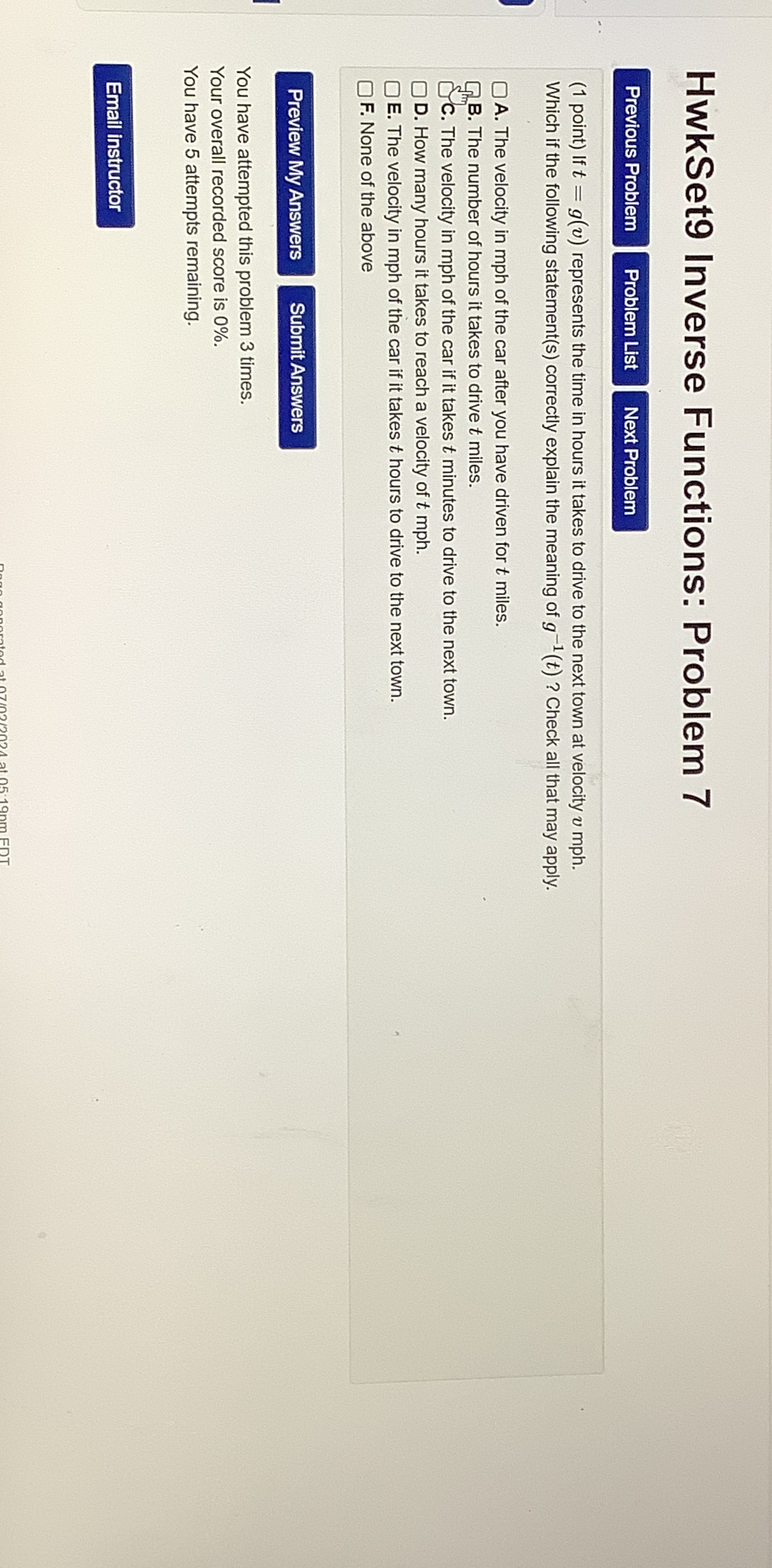 HwkSet9 ﻿Inverse Functions: Problem 7(1 ﻿point) ﻿If | Chegg.com