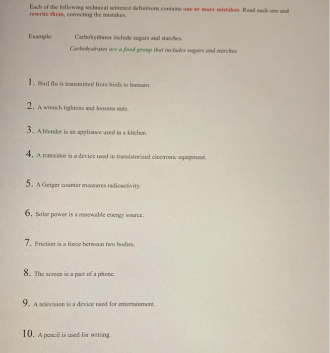 Solved Each of the following technical sentence definitions | Chegg.com