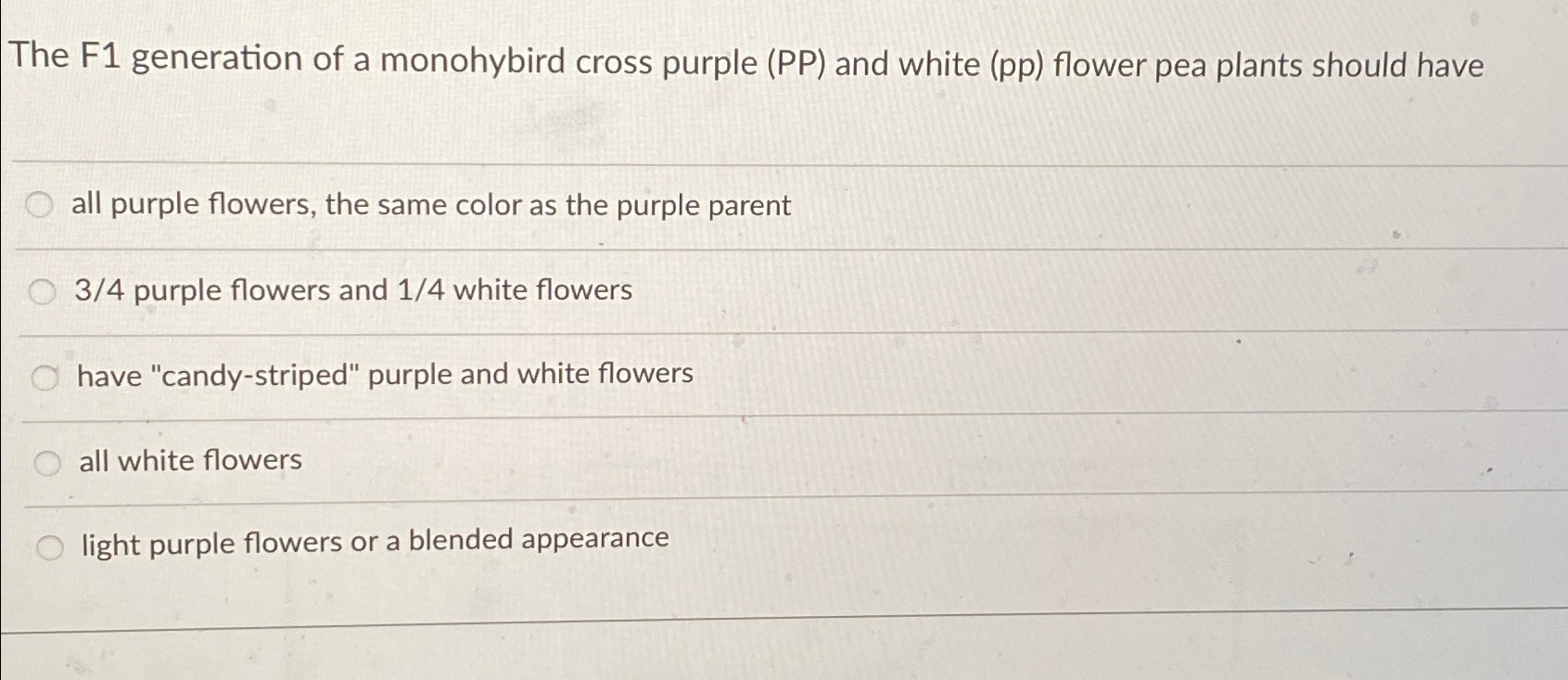 Solved The F1 ﻿generation of a monohybird cross purple (PP) | Chegg.com