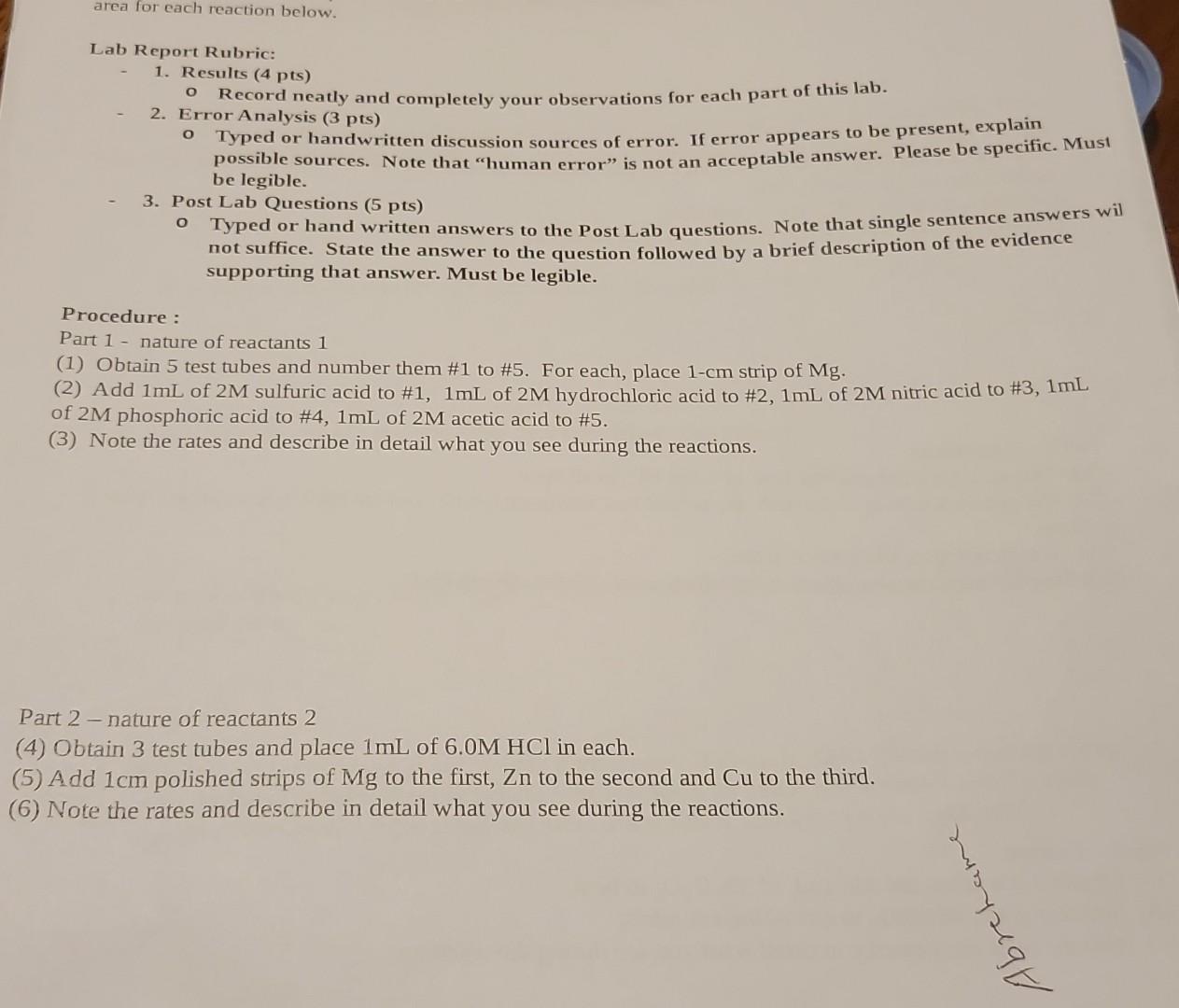 Solved Lab Report Rubric: 1. Results (4 pts) o Record neatly | Chegg.com