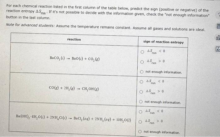 Solved For each chemical reaction listed in the first column | Chegg.com