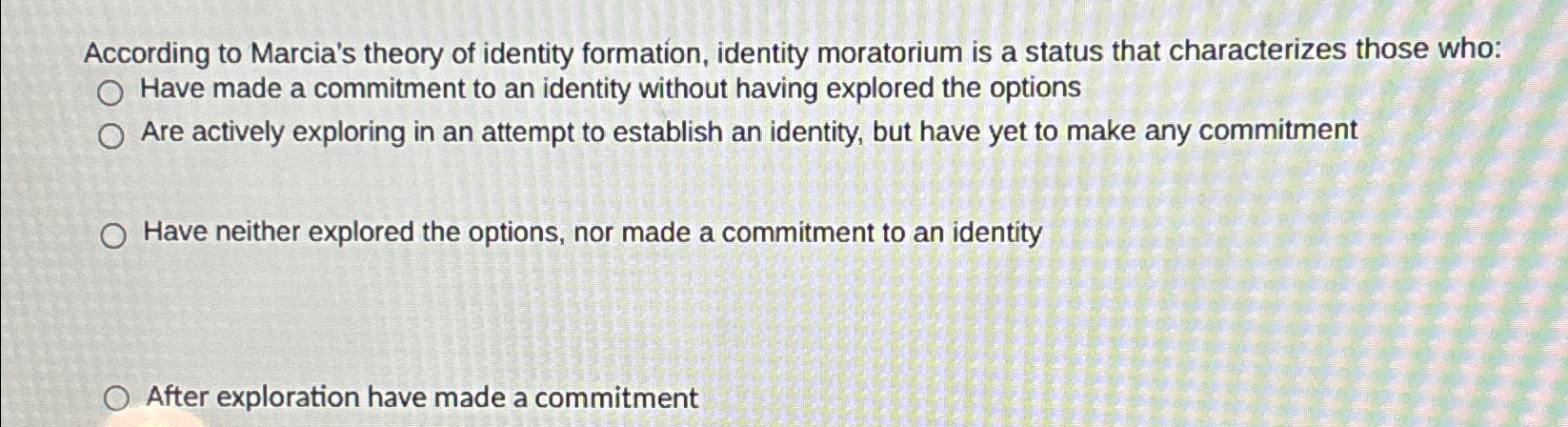 Solved According to Marcia's theory of identity formation, | Chegg.com