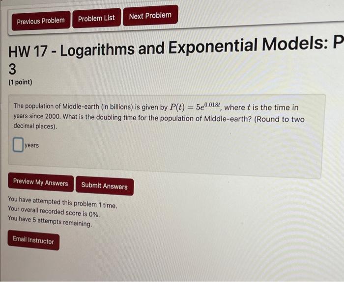 Solved HW 17 - Logarithms and Exponential Models: F 3 (1 | Chegg.com