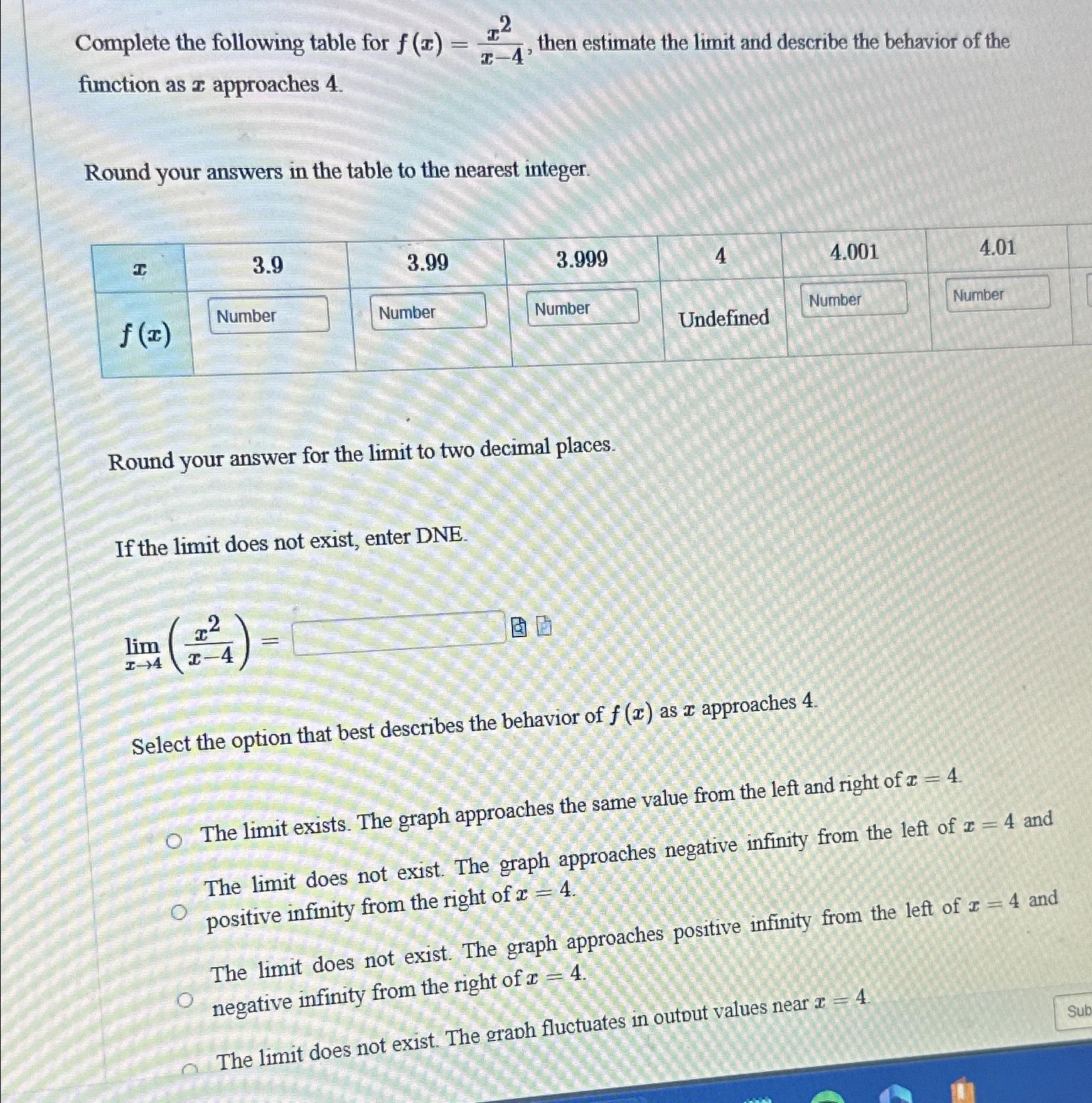 Solved Complete the following table for f(x)=x2x-4, ﻿then | Chegg.com