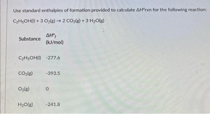 Solved Use standard enthalpies of formation provided to | Chegg.com