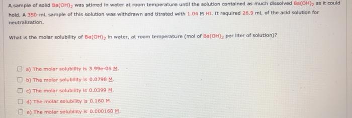 Solved A sample of solid Ba(OH), was stirred in water at | Chegg.com