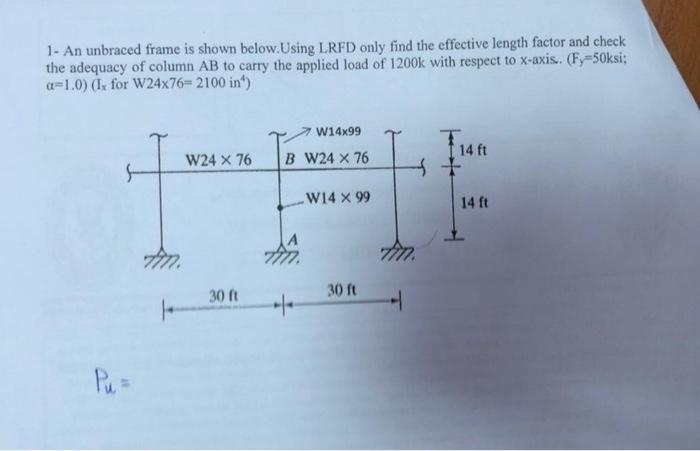 Solved 1- An unbraced frame is shown below. Using LRFD only | Chegg.com